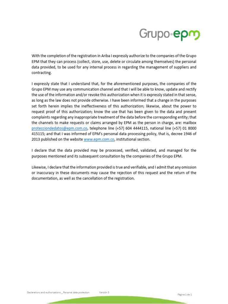 Declarations and Authorizations - Personal Data Protection | PDF