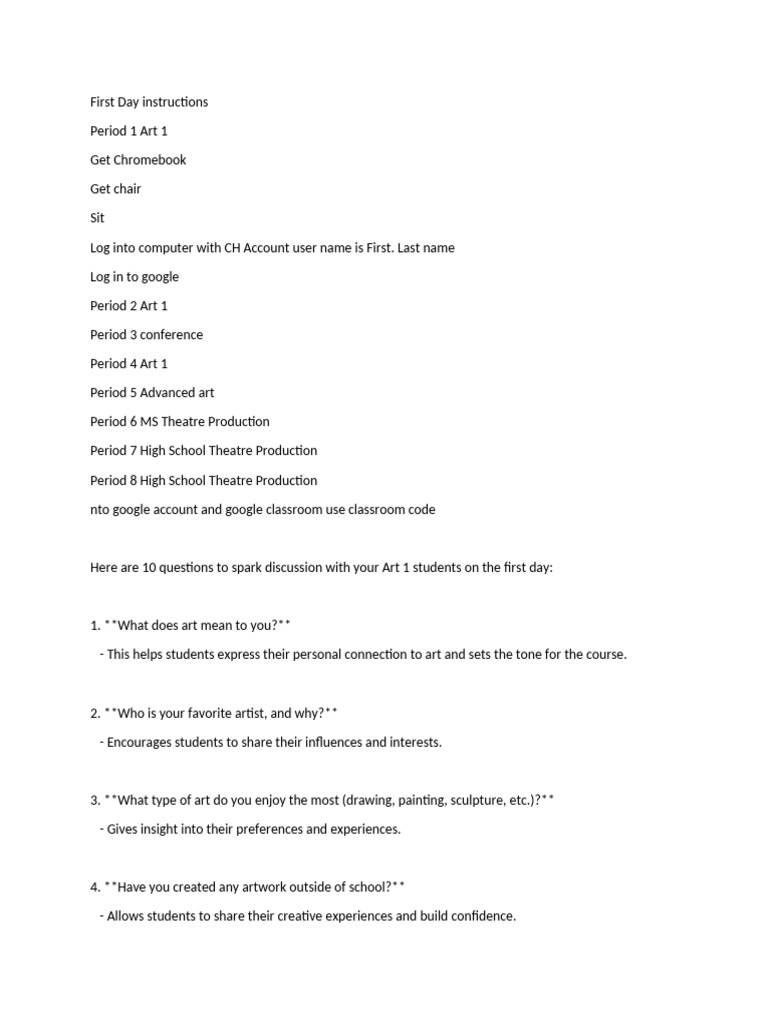 First Day Instructions 8notes | PDF