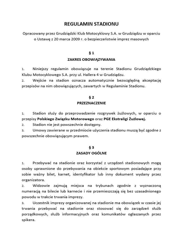 Regulamin Stadionu | PDF