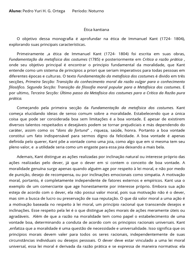 Monografia - Filo. Moderna II | PDF | Immanuel Kant | Moralidade