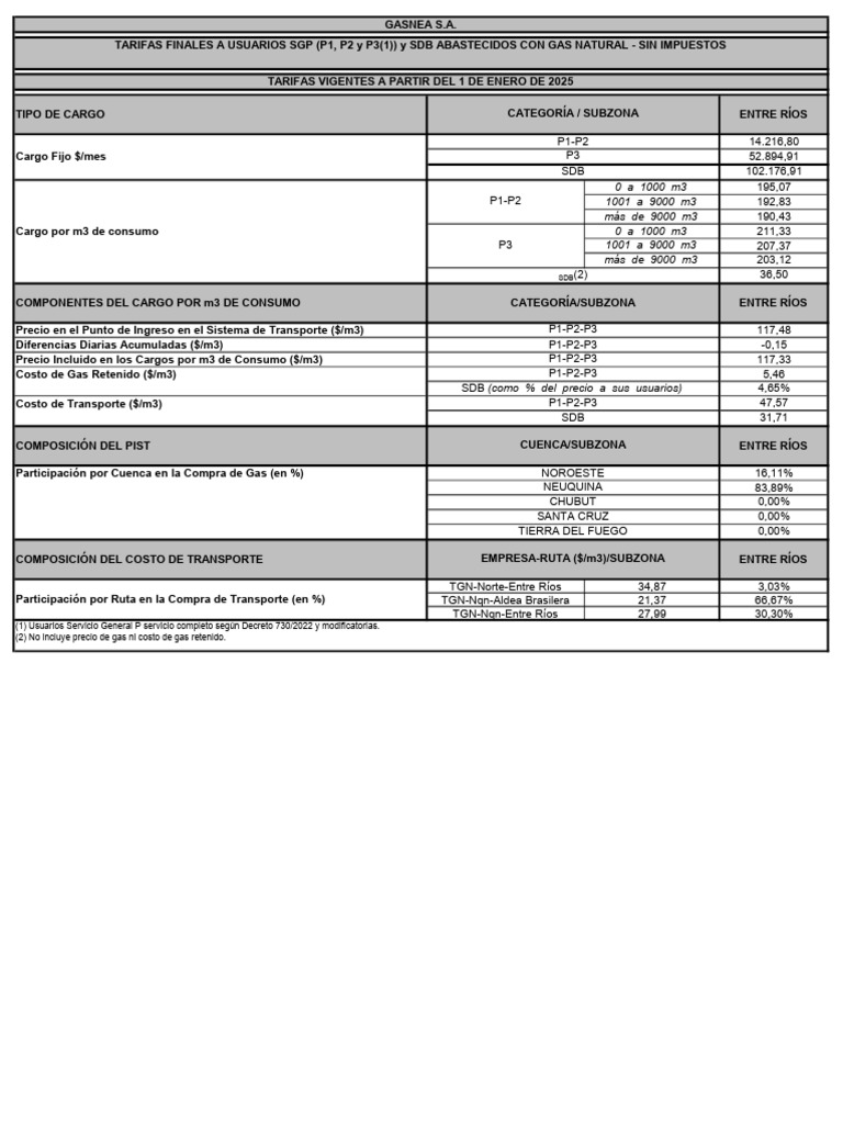 Tarifas Sgp a Partir Del 01-01-2025 (e. Rios) - Sin Impuestos | PDF