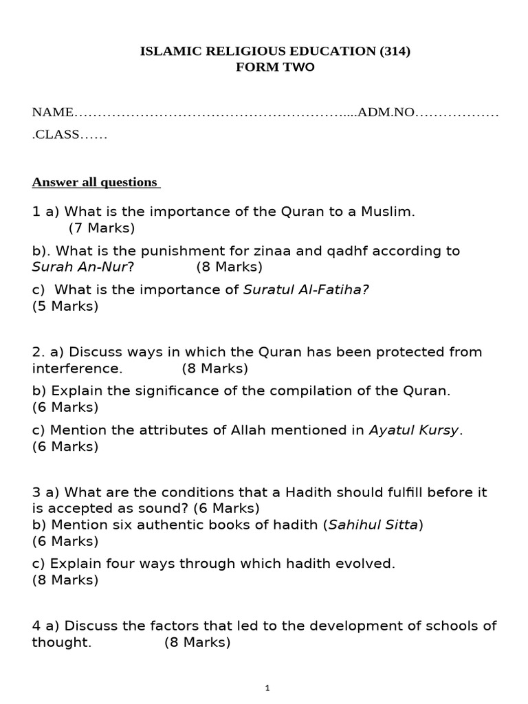 Form Two Holiday Assignment | PDF | Hadith | Quran
