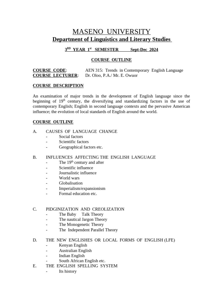 AEN 315 OUTLINE (1) | PDF | English Language | Linguistics