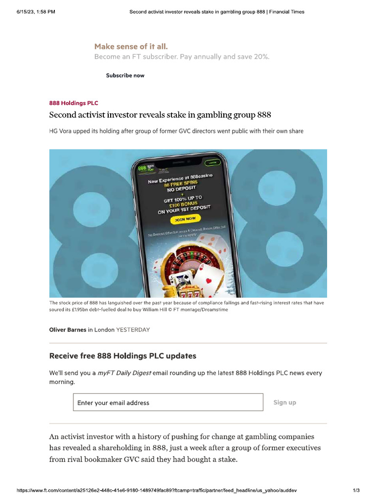 Second activist investor reveals stake in gambling group 888 | PDF