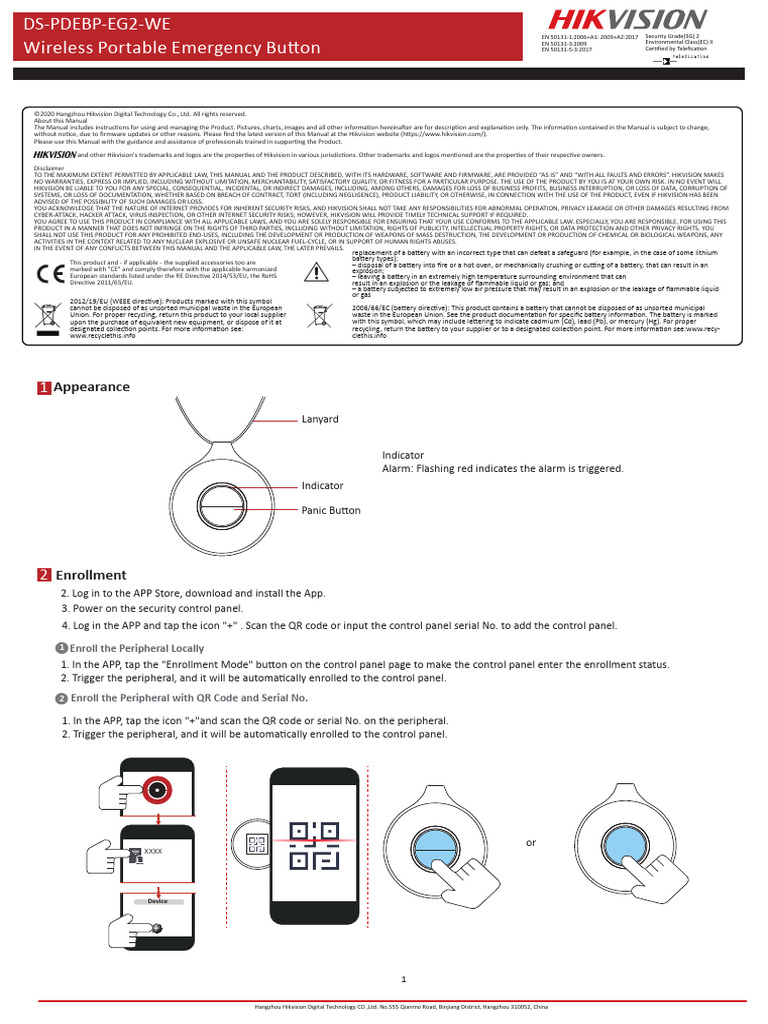 Manual de Utilizare Buton de Panica Wireless Hikvision AX PRO DS-PDEBP1-EG2-WE | PDF | Damages ...