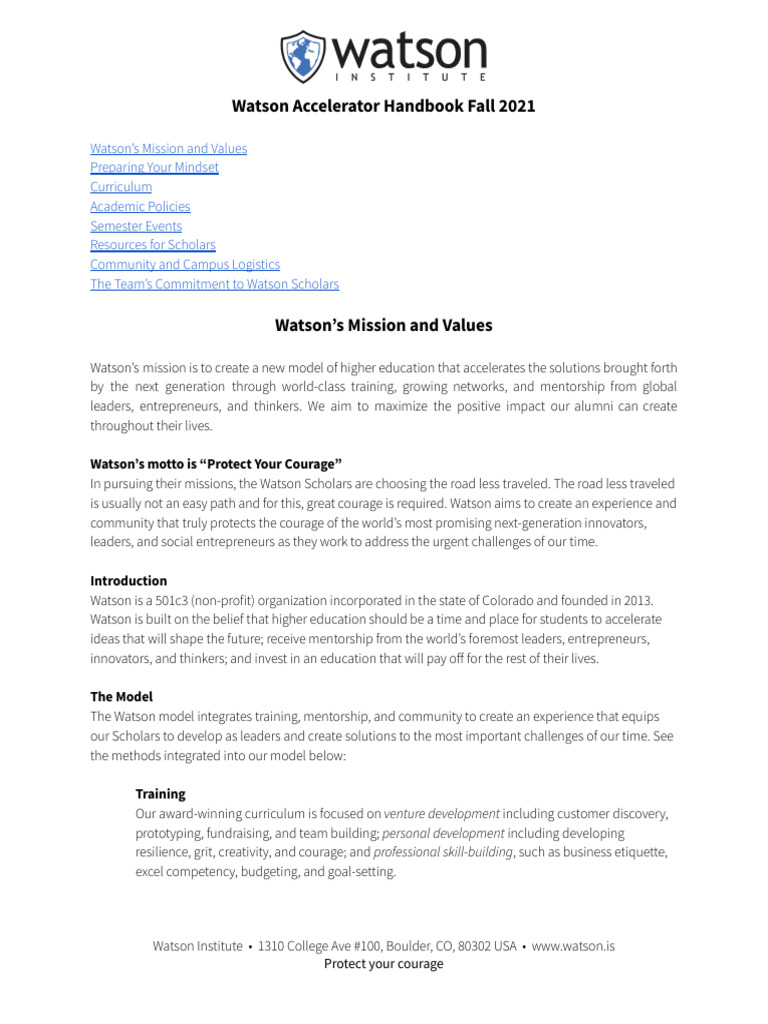 Watson Accelerator Handbook 2021 | PDF | Mentorship | Entrepreneurship