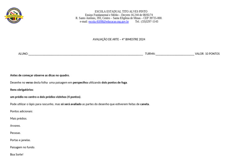 Avaliação de Arte Samyr 4 Bimestre 2024 | PDF