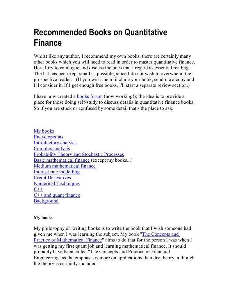 Mark Joshi - Reading List | PDF | Mathematical Finance | Stochastic Process