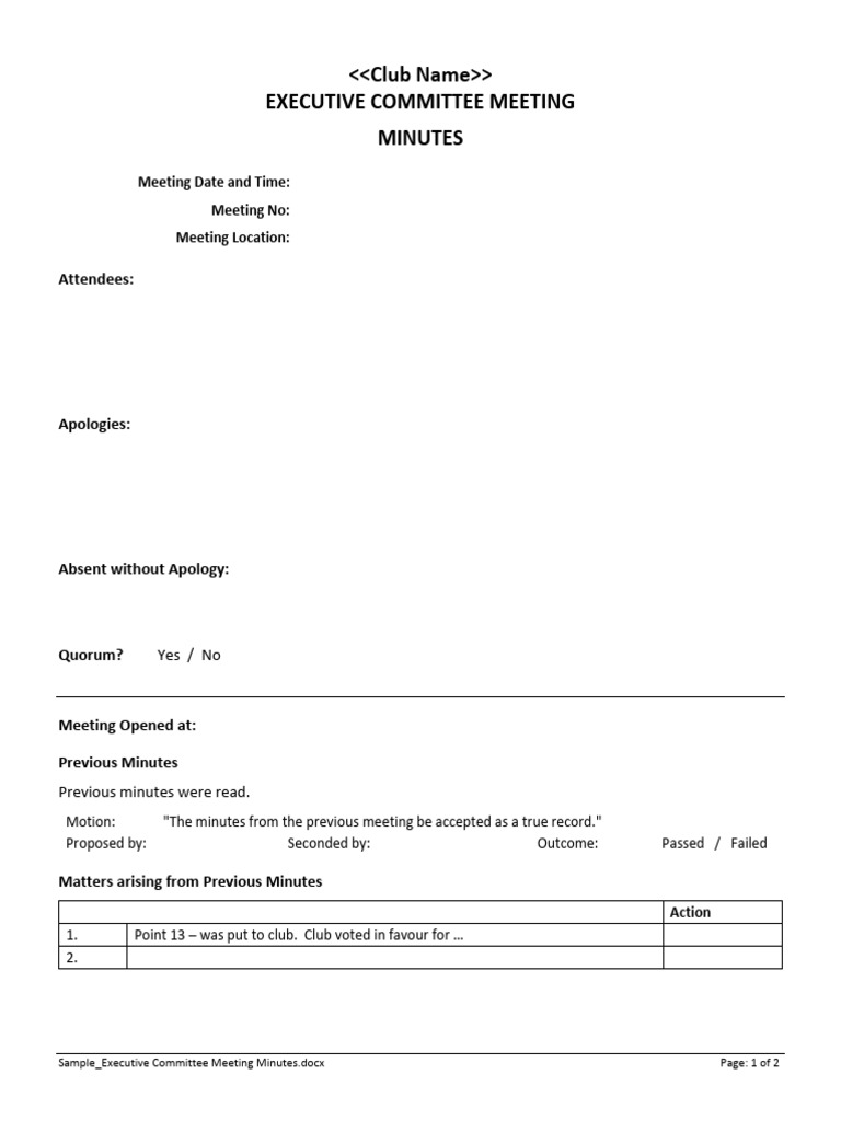 Sample - Executive Committee Meeting Minutes | PDF