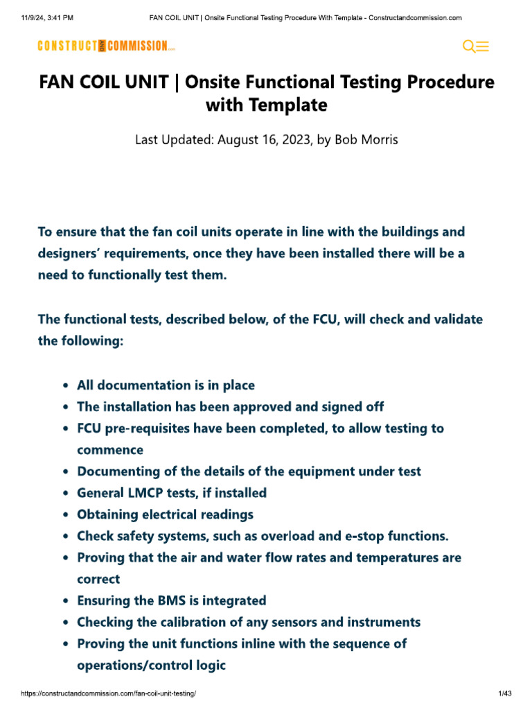 Fan Coil Unit Onsite Functional Testing Procedure Pdf