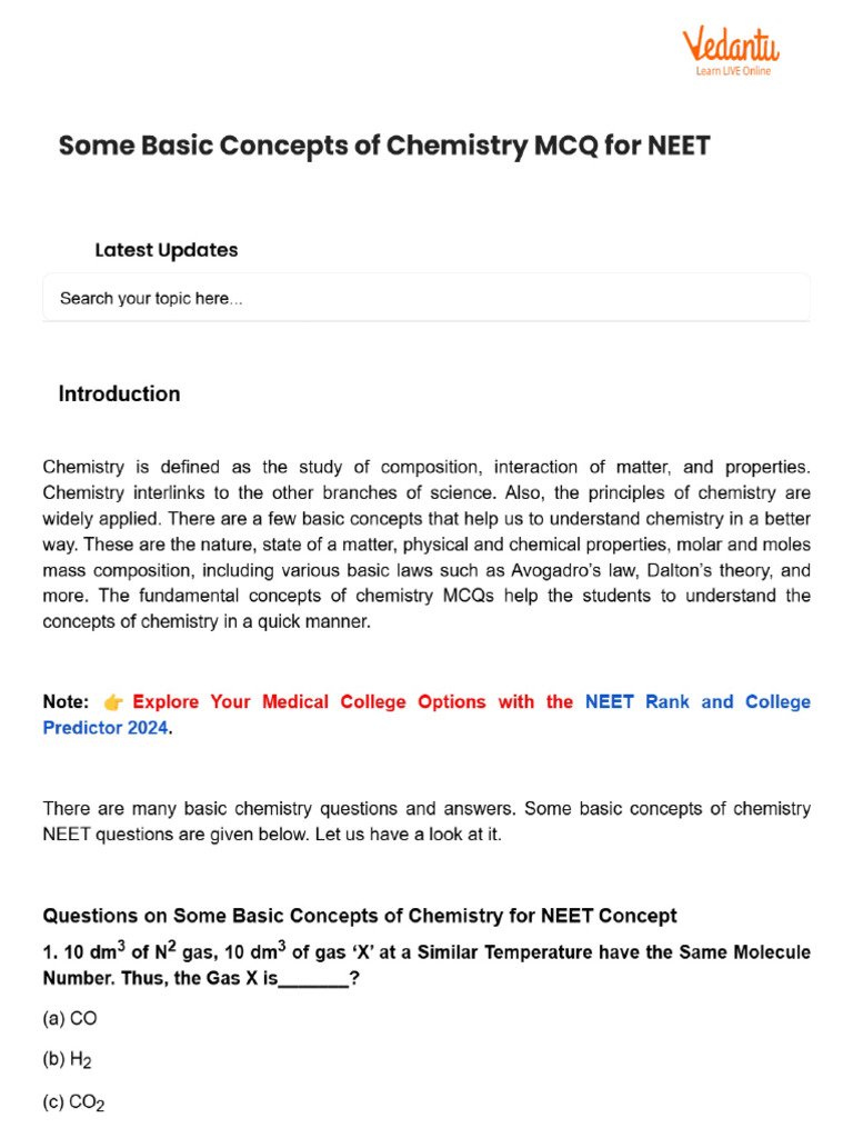 Some Basic Concepts of Chemistry MCQ for NEET | PDF