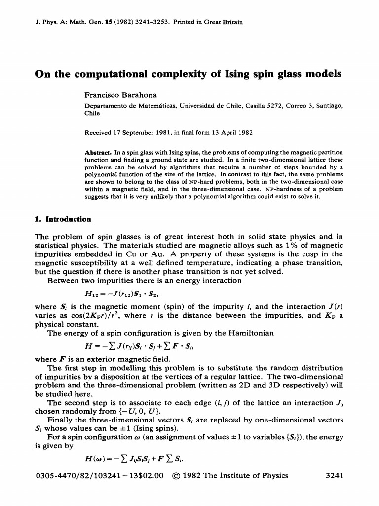 (ARTIGO, 1982) BARAHONA, F. On The Computational Complexity of Ising Spin Glass Models | PDF ...
