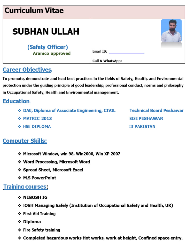 SUBHAN HSE CV | PDF | Personal Protective Equipment | Occupational Safety And Health