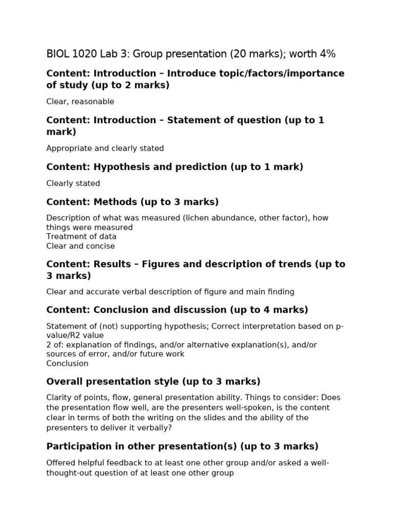 BIOL 1020 Lab 3: Group Presentation Guide | PDF
