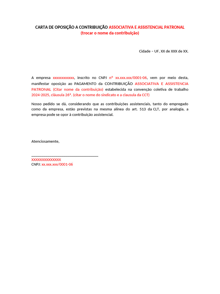 Carta de Oposição à Contribuição Patronal | PDF