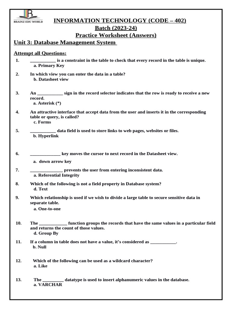 Database Management System Worksheet Pdf Databases Table Database