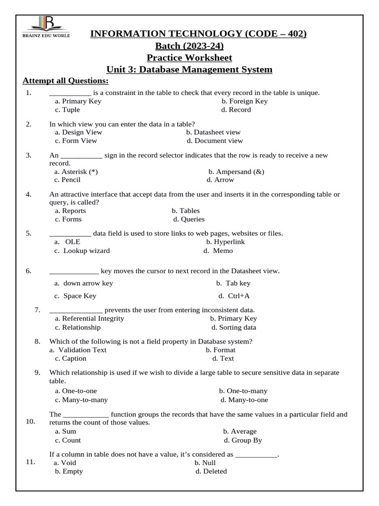 PartB-Unit3-Database Management system | PDF | Databases | Table (Database) PartB-Unit3-Database Management system | PDF | Databases | Table (Database)