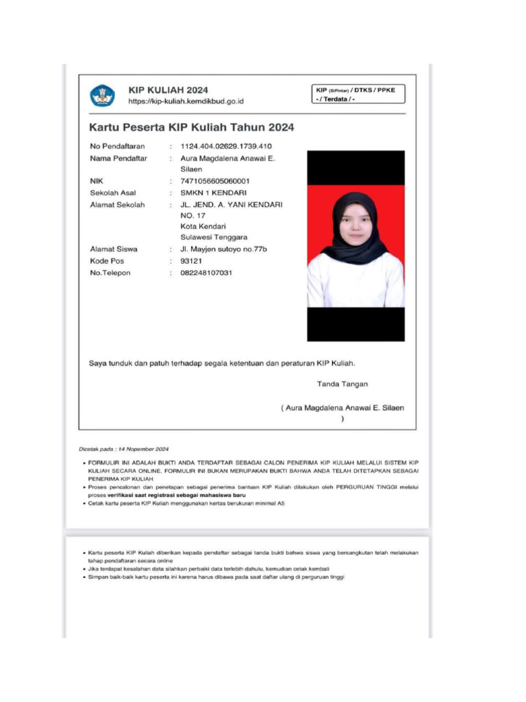 Formulir Pendaftaran KIP Kuliah (Aura Magdalena Anawai E ...