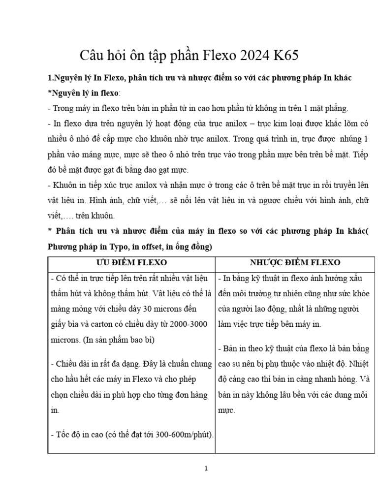 Câu Hỏi Ôn Tập Phần Flexo 2024 K65 | PDF