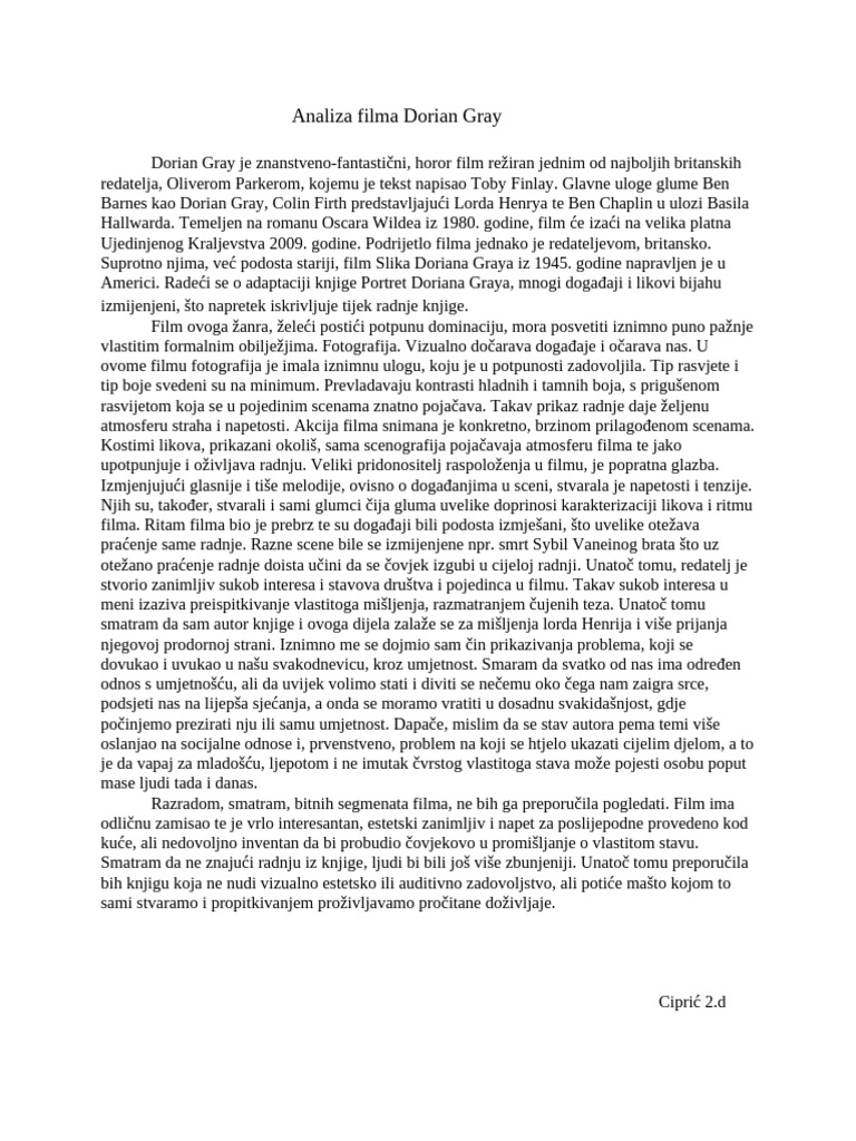 Naliza Filma Dorian Gray Osvrt | PDF