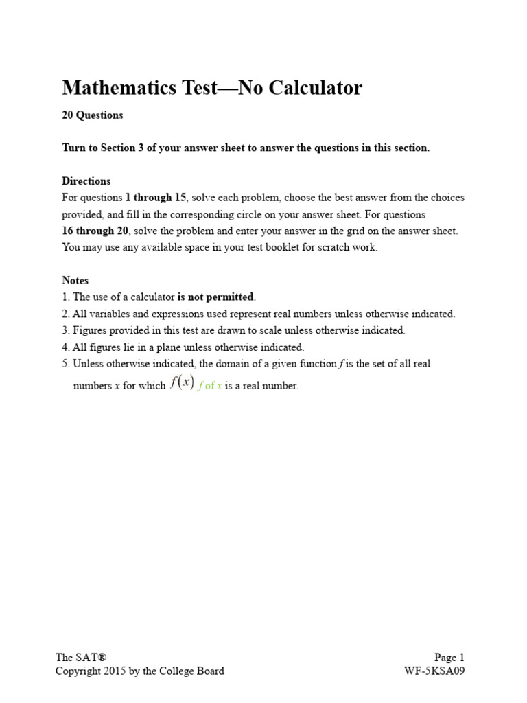 Sat Practice Test 1 Math No Calculator Assistive Technology | PDF ...