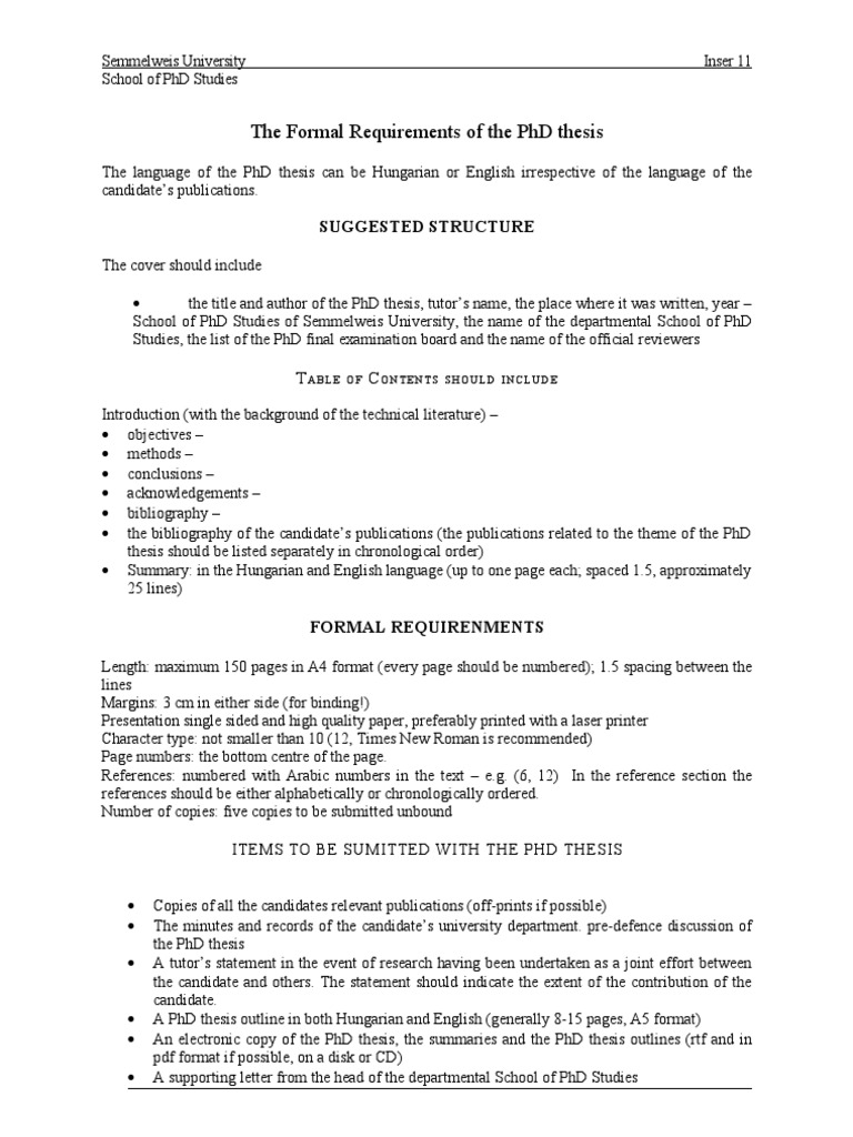 Thesis Formal Requirements | PDF | Thesis | Doctor Of Philosophy