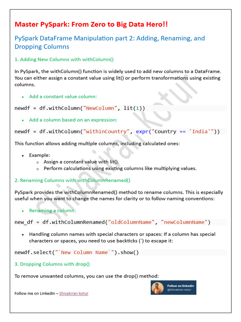 PySpark DataFrame Column Management Guide | PDF | Apache Spark | Computer Science