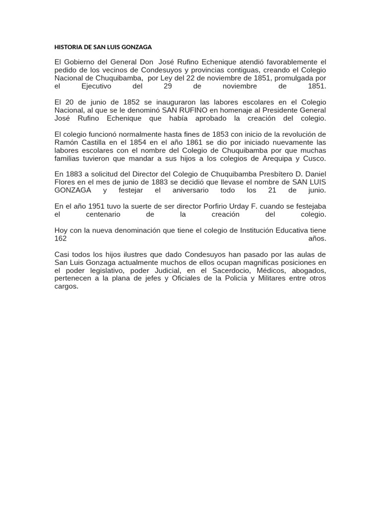 Historia del Colegio San Luis Gonzaga | PDF