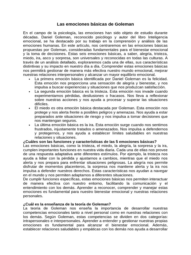 Las Emociones Básicas de Goleman | PDF | Las emociones | Inteligencia emocional