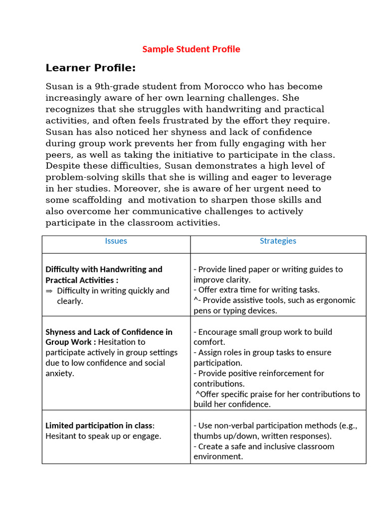 Sample Student Profile | PDF | Shyness | Learning