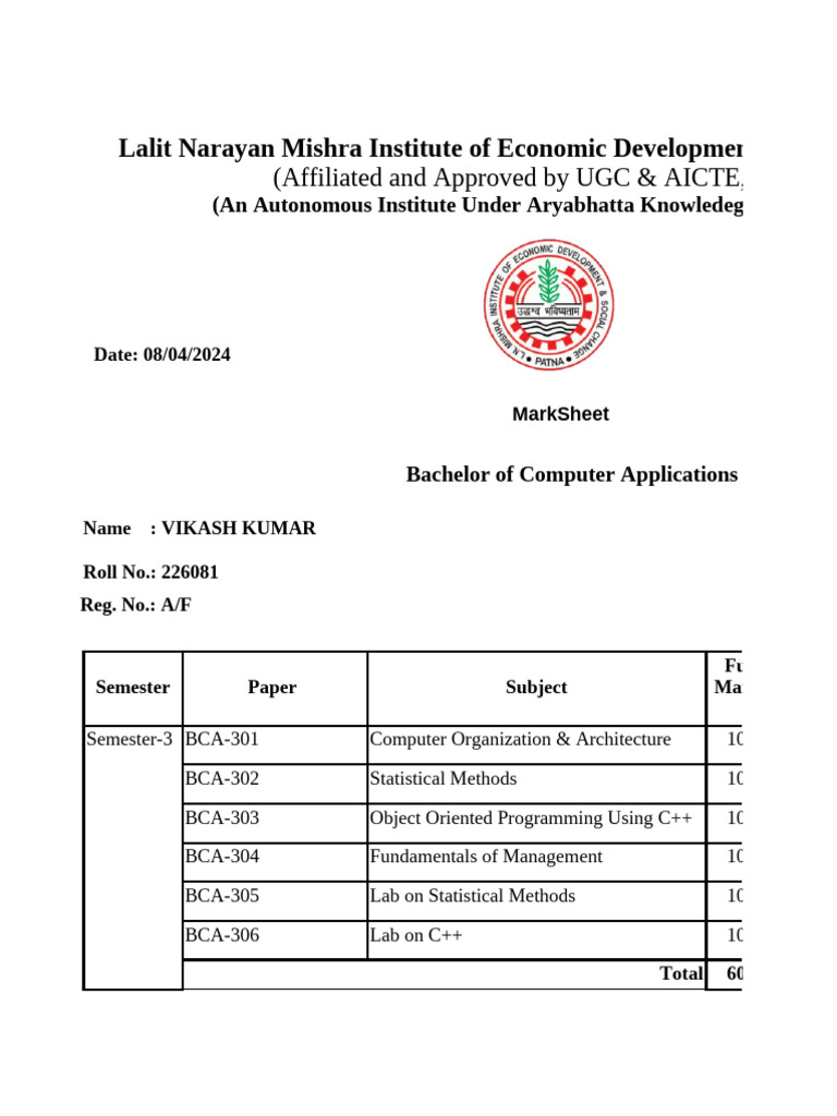 BCA Semester 3 Marksheet 2024 | PDF