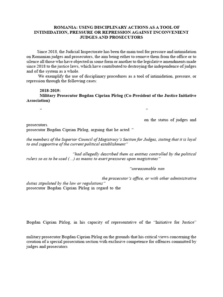 Romania Using Disciplinary Actions As A Tool of Intimidation V | PDF | Prosecutor | Judge