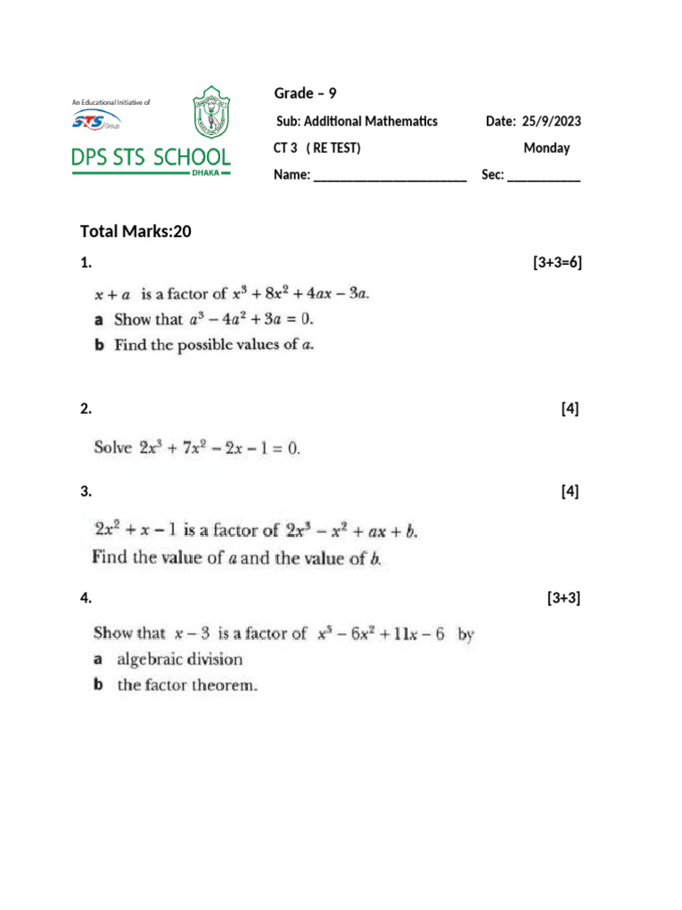 Grade 9 ADD MATHS CT 3 QP | PDF