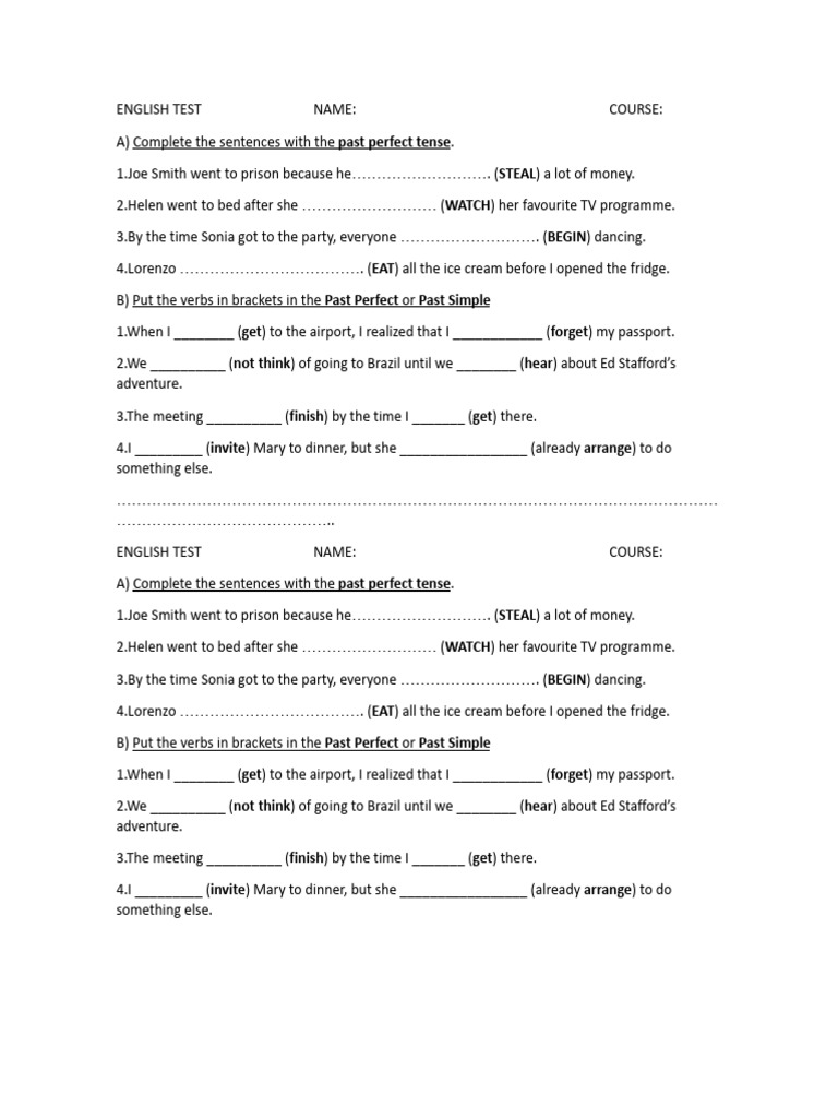 Past Perfect Tense English Test | PDF