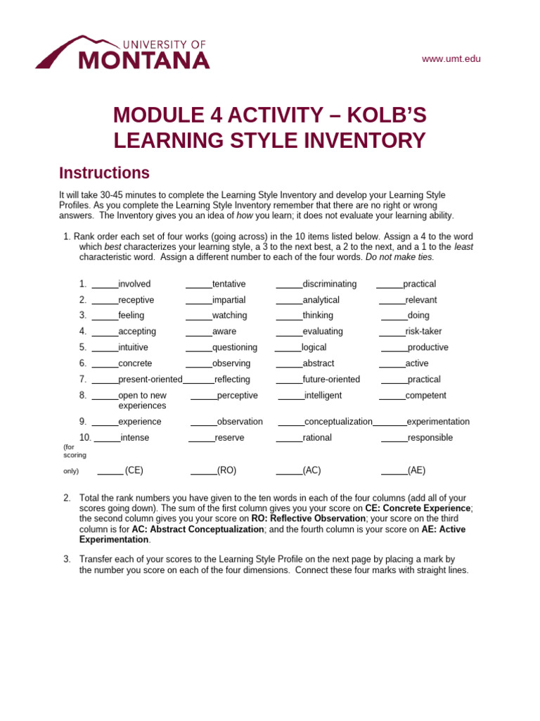 Umt MSW Kolbs-Learning-Style-Inventory 211230 | PDF | Learning Styles | Experience