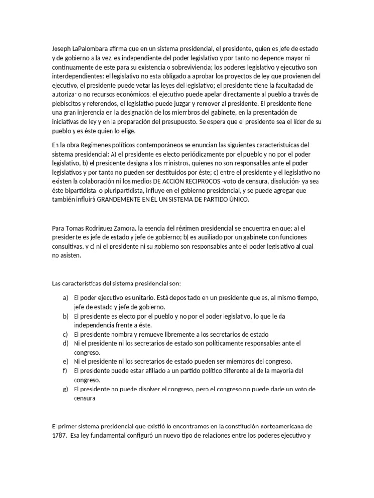 Joseph LaPalombara Afirma Que en Un Sistema Presidencial | PDF ...
