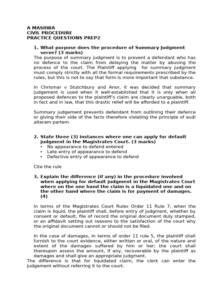 Civil Procedure Practice Questions Prep2 | PDF | Default Judgment | Judgment (Law)