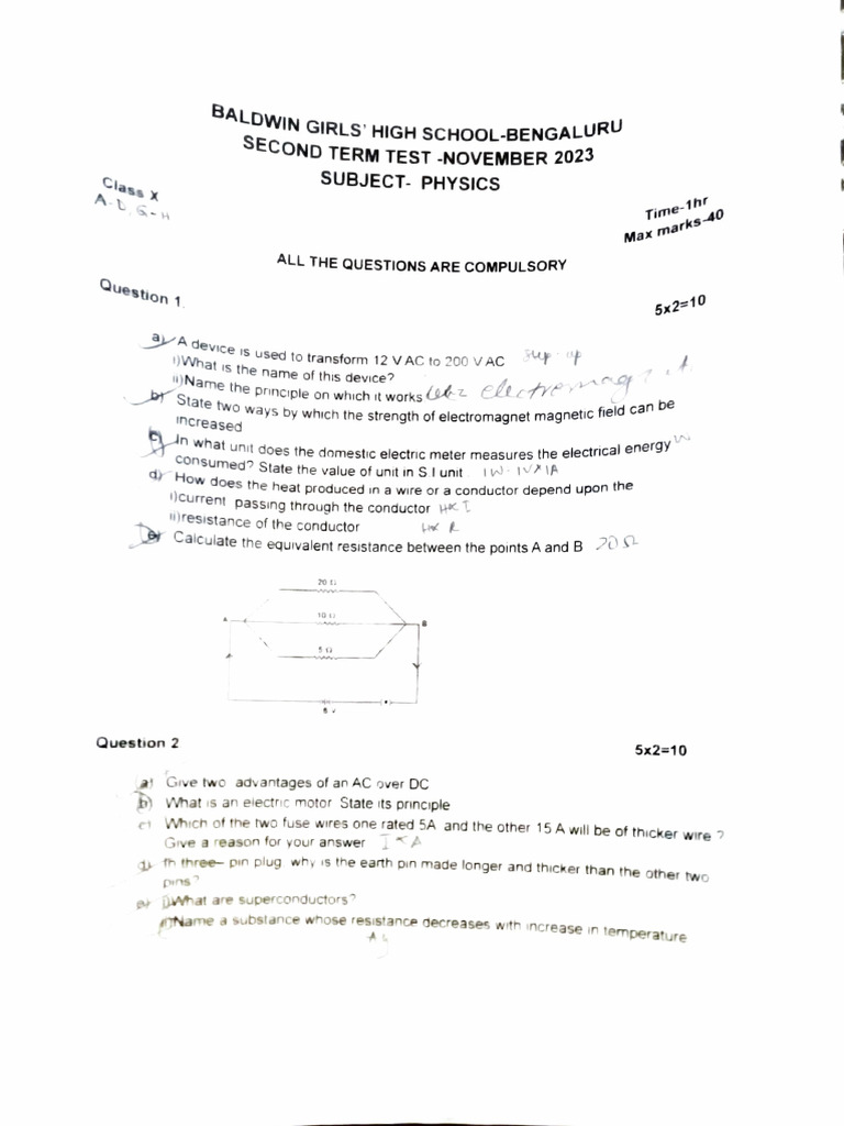 2nd Unit Q'Papers (2023-24 X) | PDF | Electrical Resistance And ...