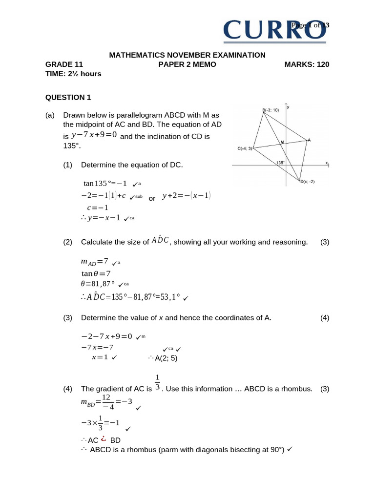 Math GR 11 p2 Memo Nov 2019 | PDF | Mathematics | Elementary Geometry