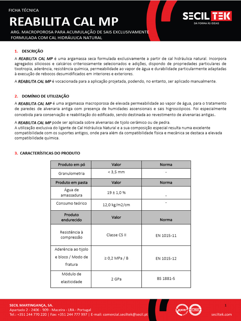 Argamassa Reabilita Cal MP para Sais | PDF | Argamassa (alvenaria ...