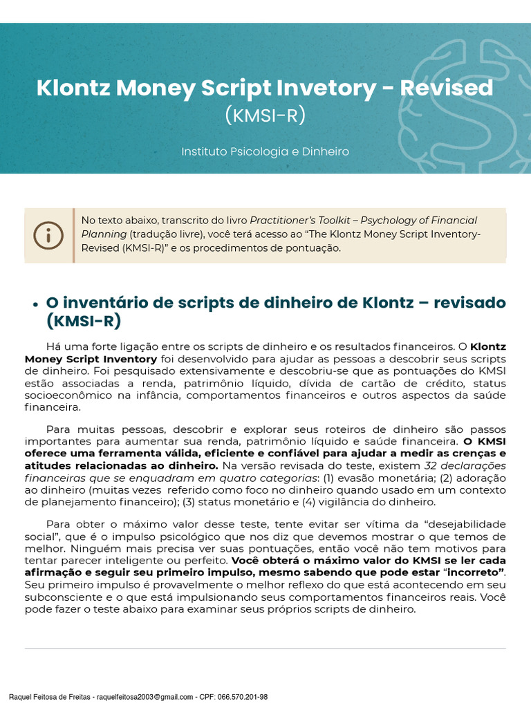 Klontz Money Script Invetory-Revised (KMSI-R) | PDF | Dinheiro ...