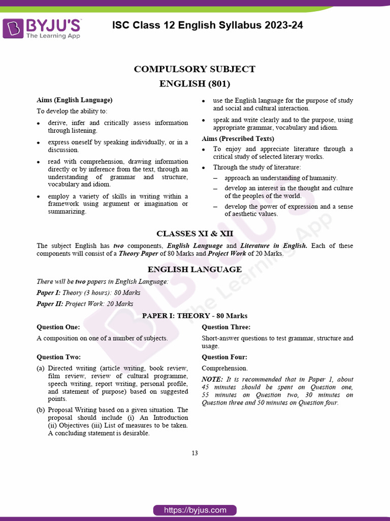 WP Contentuploads202304ISC Class 12 English Syllabus 2023 24 PDF | PDF