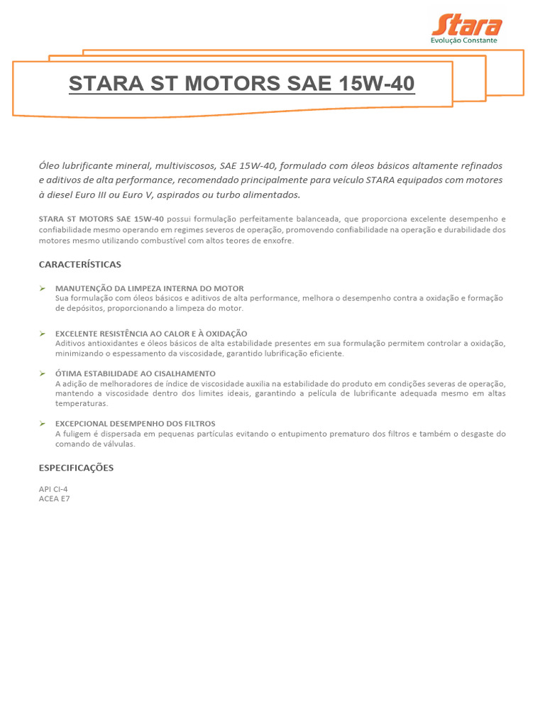 Óleo Lubrificante STARA 15W-40 | PDF | Óleo de motor
