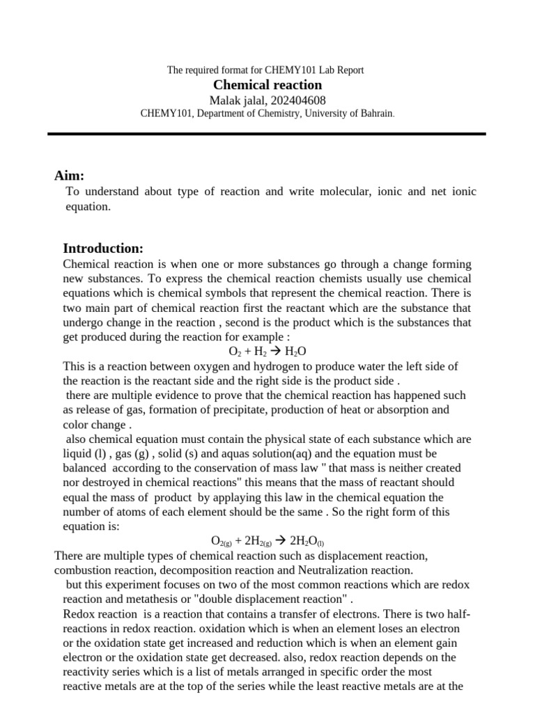 Chemicsl Reaction Report | PDF | Chemical Reactions | Redox