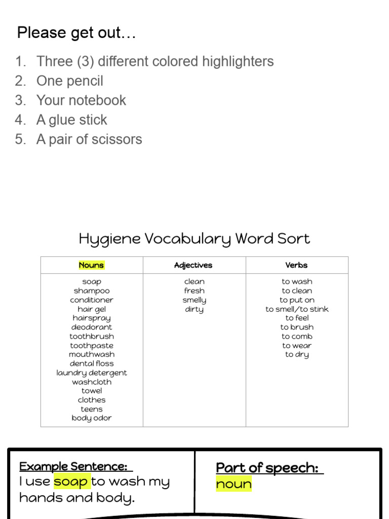 Hygiene Vocabulary Cards | PDF | Toothbrush | Part Of Speech