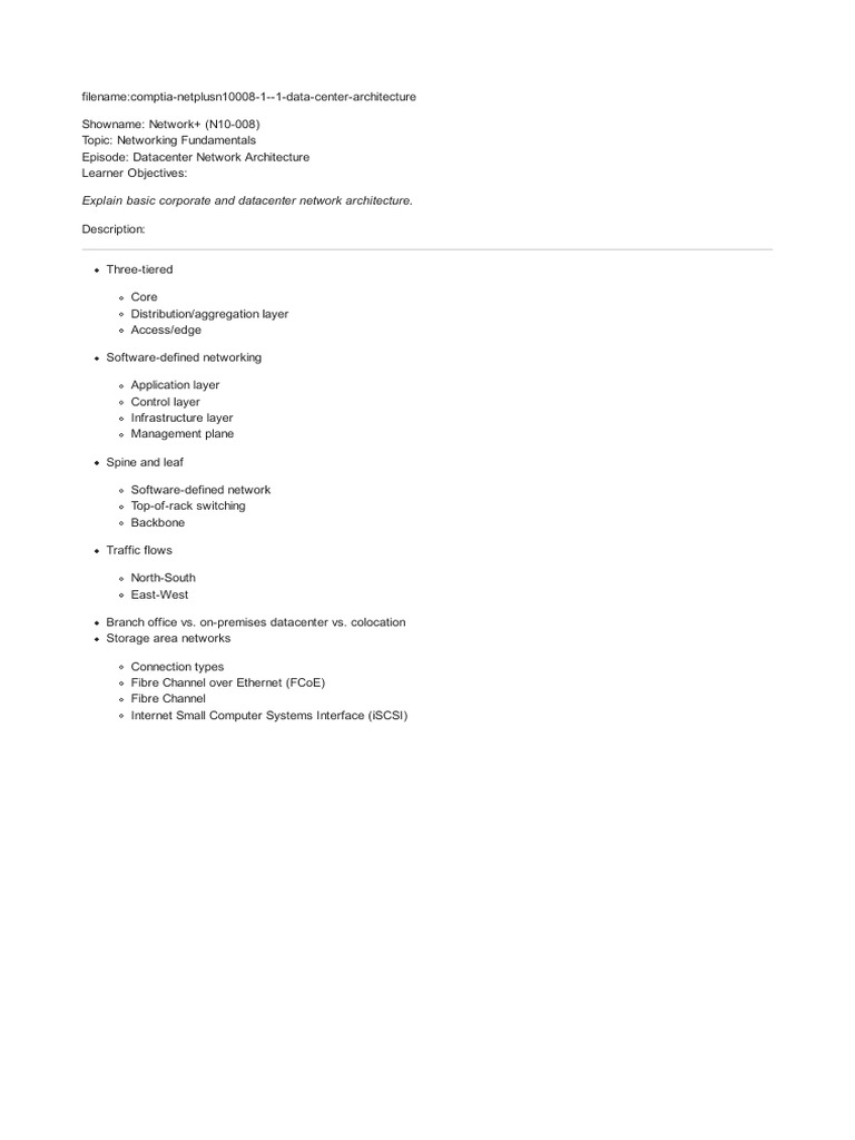 Comptia Netplusn10008 1 1 Data Center Architecture | PDF