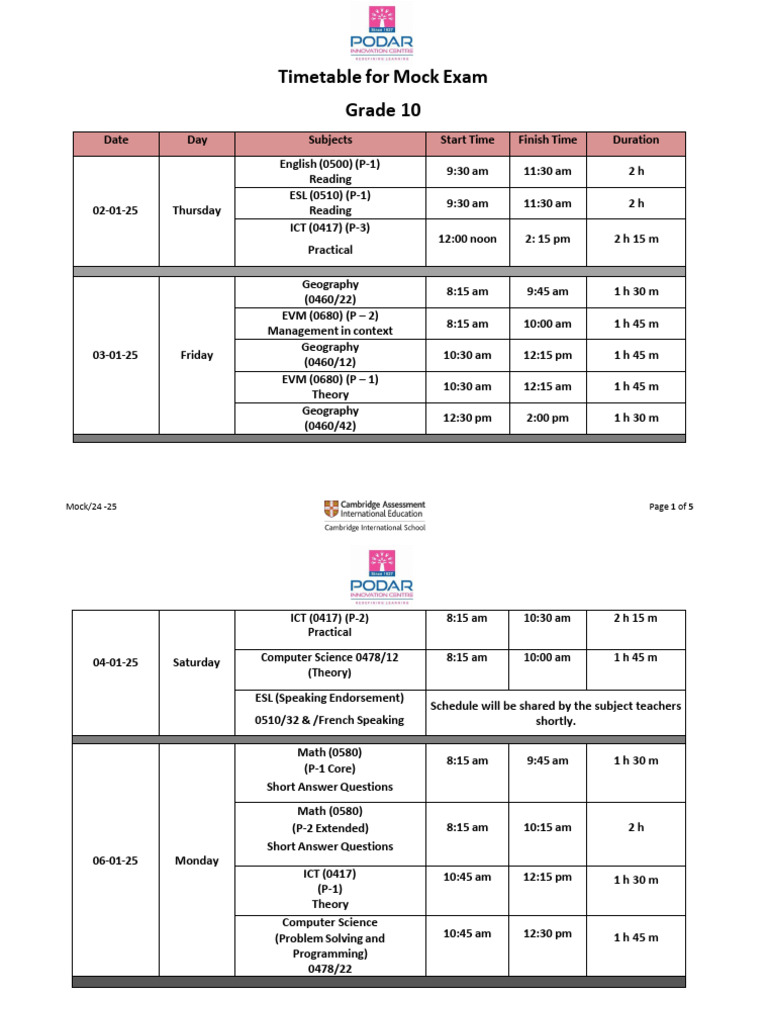 Grade 10 Mock Exam Timetable 2025 | PDF
