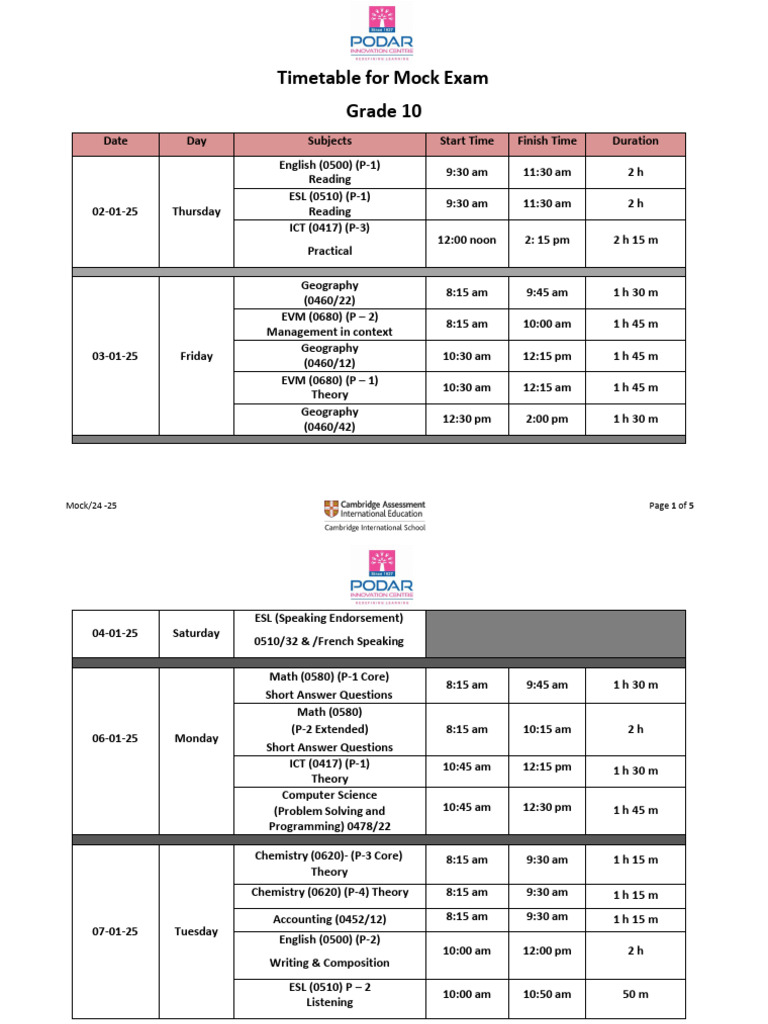 Grade 10 Mock Exam Timetable 2025 | PDF