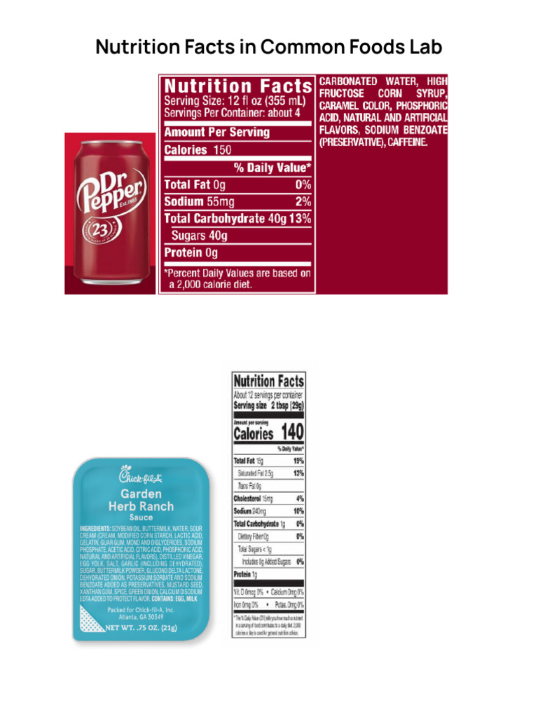 Nutrition Lab - Common Foods Labels (Standard) | PDF