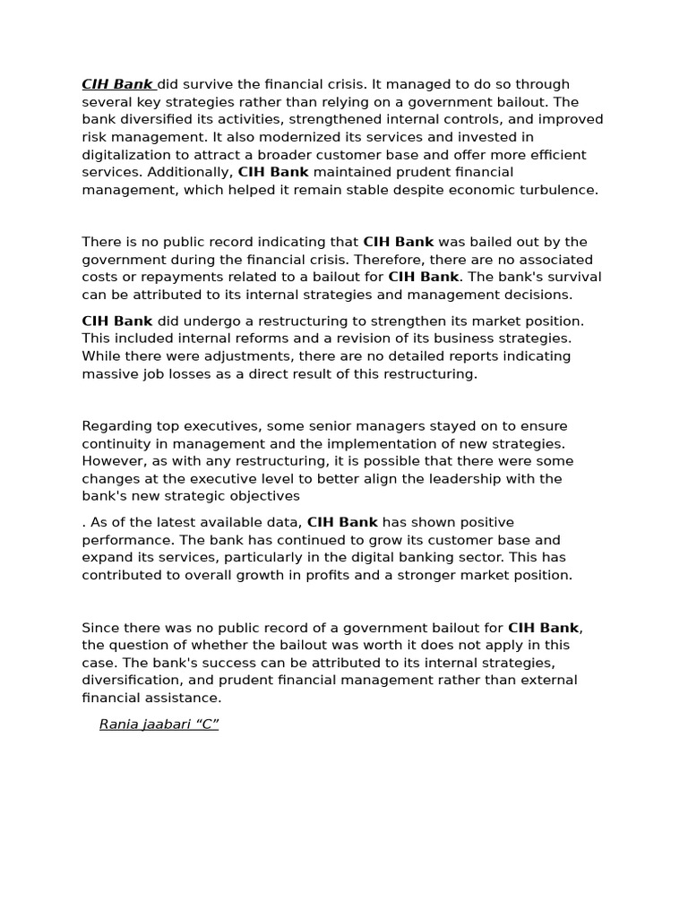 CIH Bank's Resilience Post-Crisis Strategies | PDF